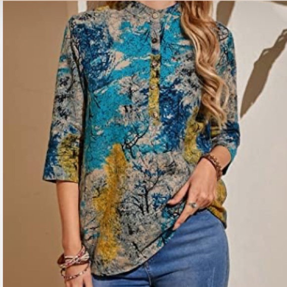 Emery Rose | Tops | Chic Blue And Yellow Blouse With Stylish Appeal ...